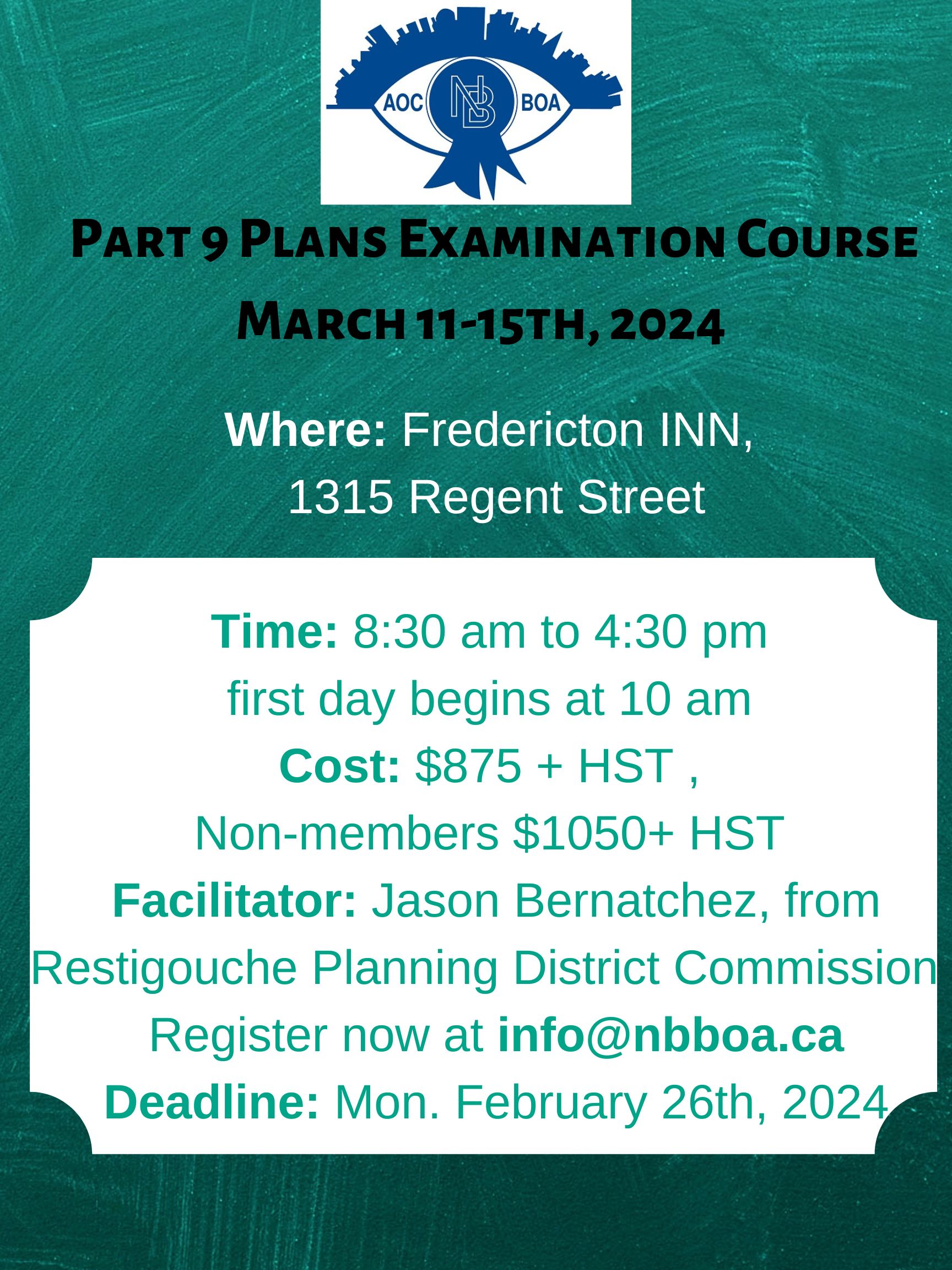 Part 9 Plans Examination Course March 11th-15th, 2024 - NBBOA